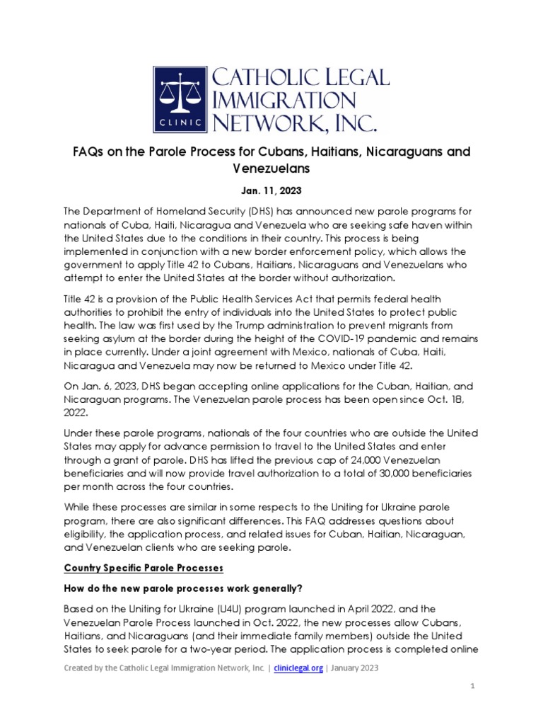 Faqs On The Parole Process For Cubans Haitians Nicaraguans and Venezuelans.2023.01.18 | PDF ...