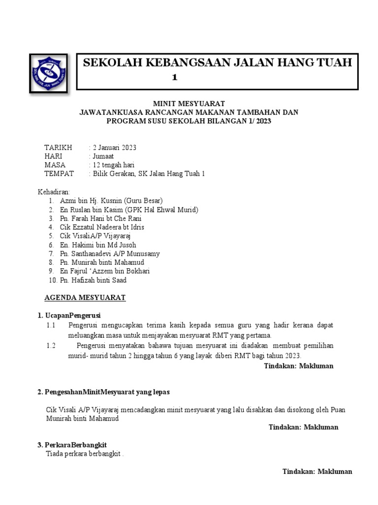 Minit Mesyuarat Bil 1 2023 | PDF
