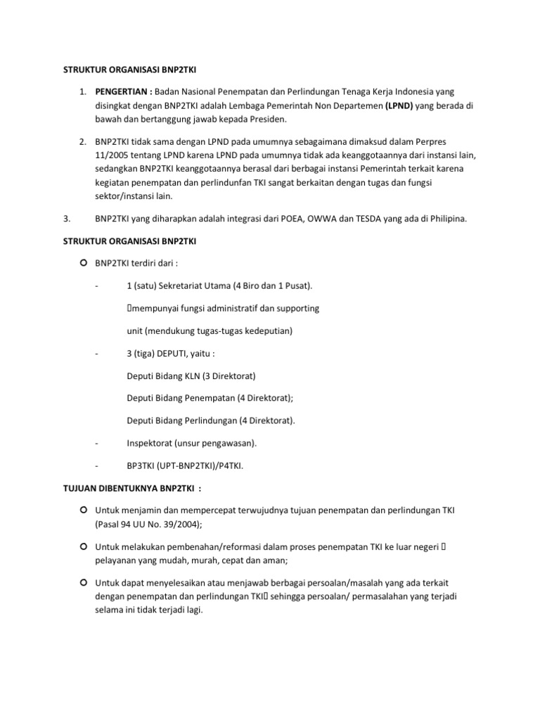 Struktur Organisasi Bnp2tki | PDF | Politik