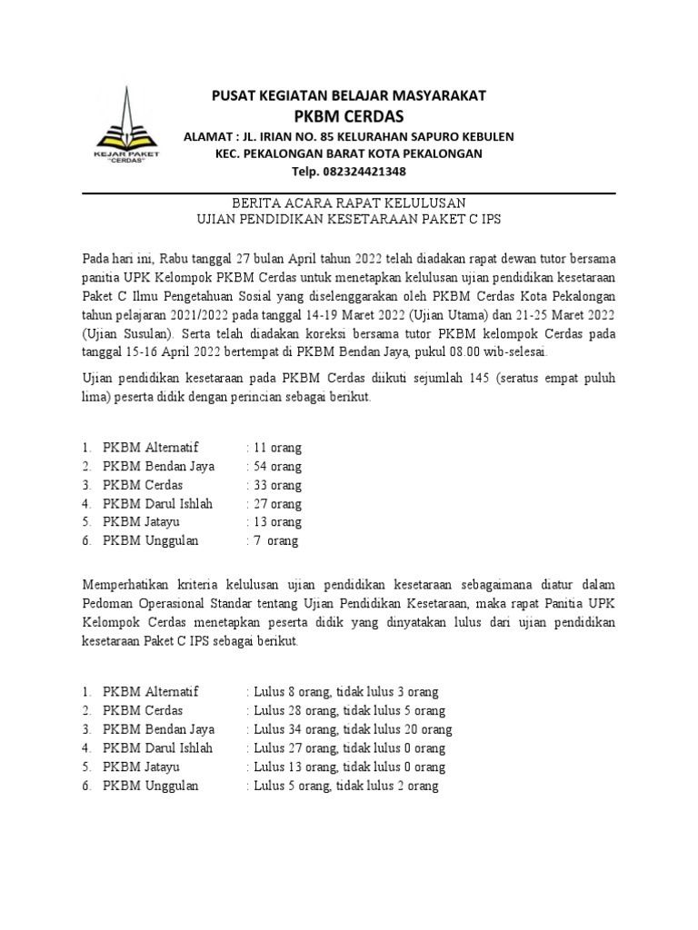 BERITA ACARA KELULUSAN UPK PKBM CERDAS Pekalongan | PDF