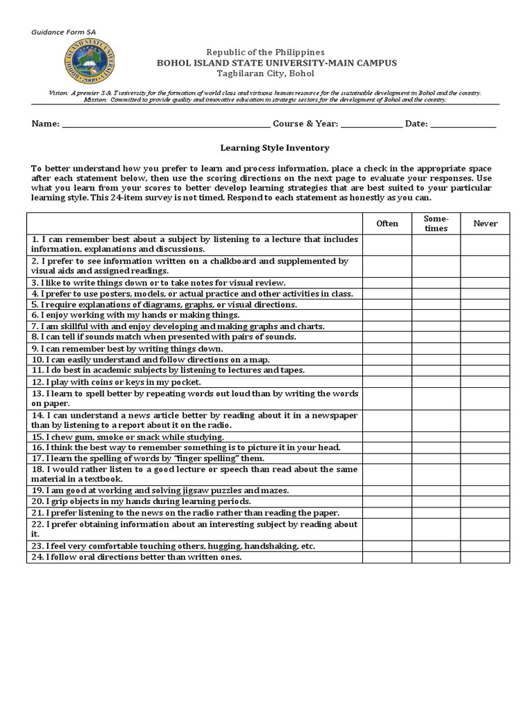 Guidance Form 5A Learning Style Inventory | PDF | Learning Styles ...