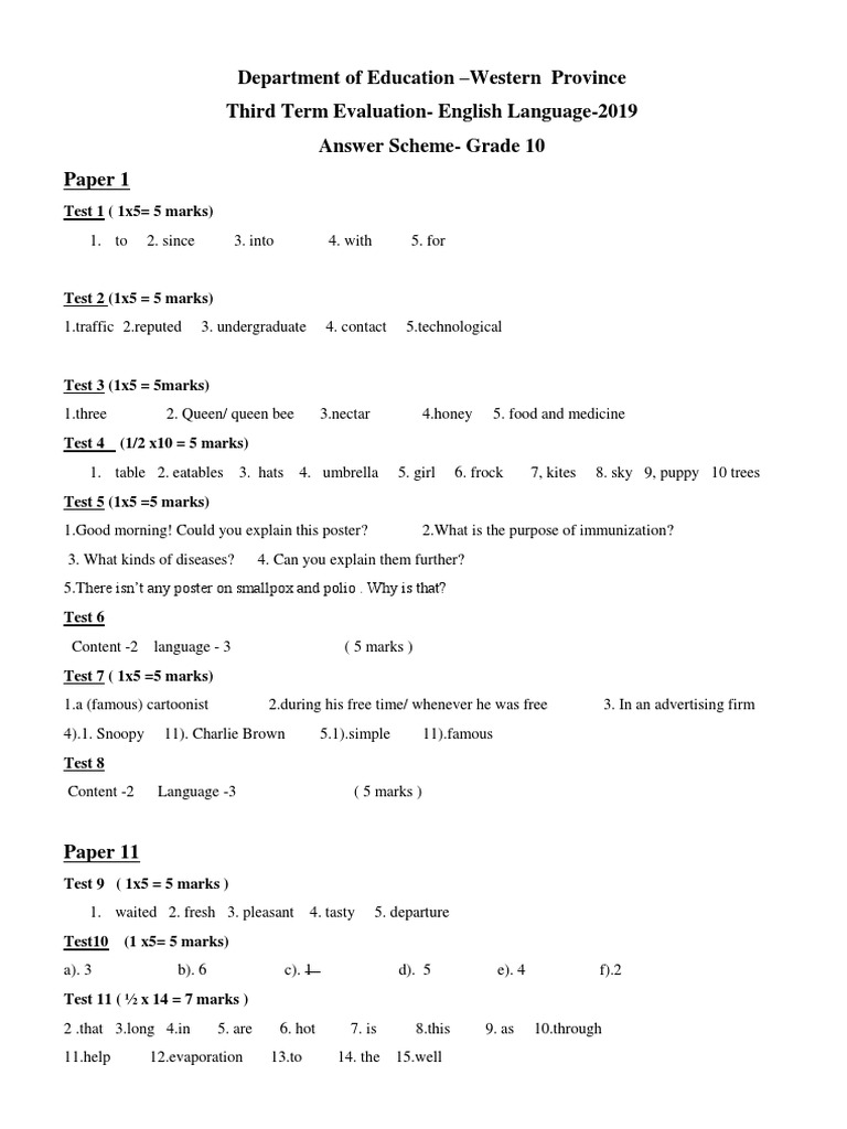2019 3rdterm English G10 Answers EM | PDF