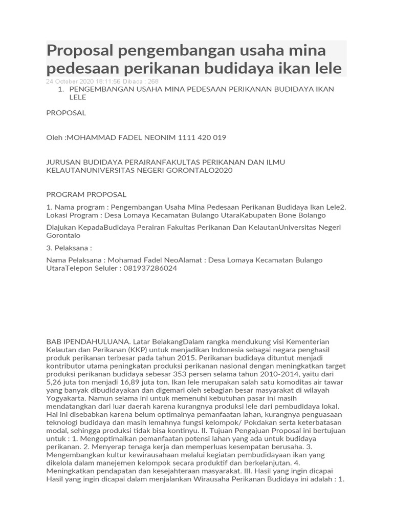 Proposal Pengembangan Usaha Mina Pedesaan Perikanan Budidaya Ikan Lele | PDF
