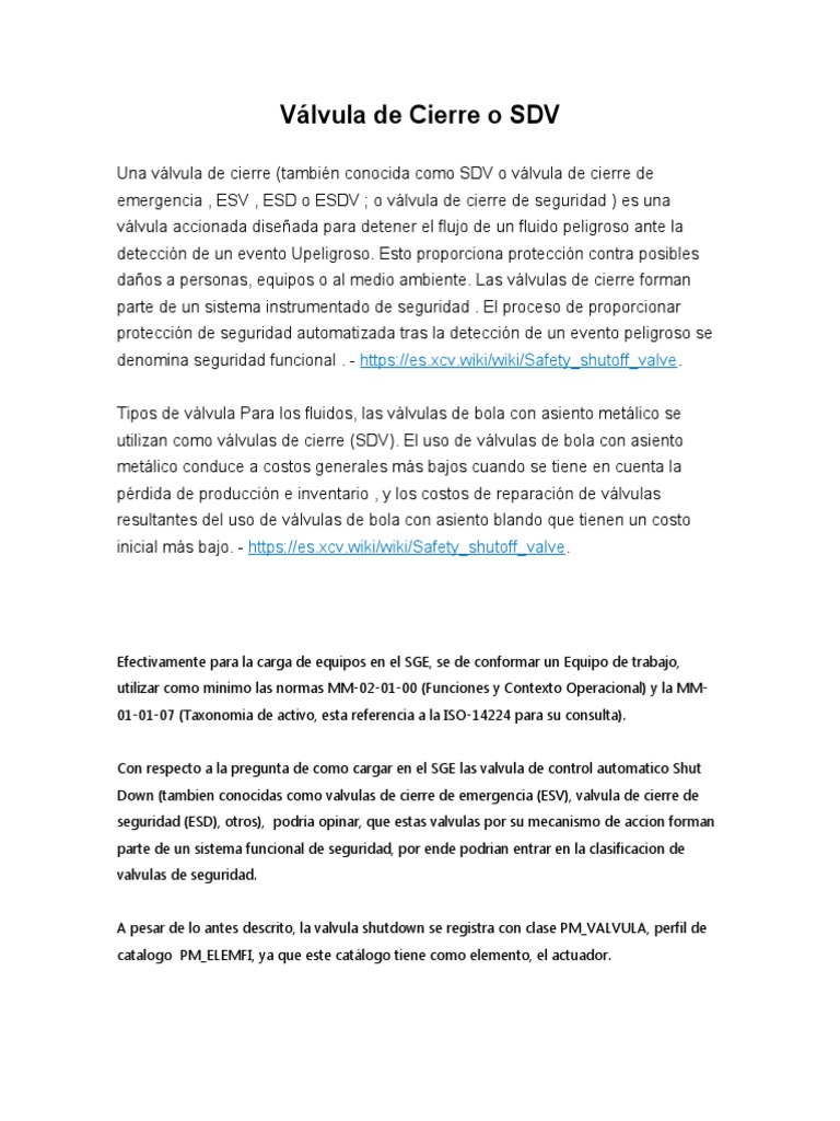 Válvula de Cierre o SDV | PDF