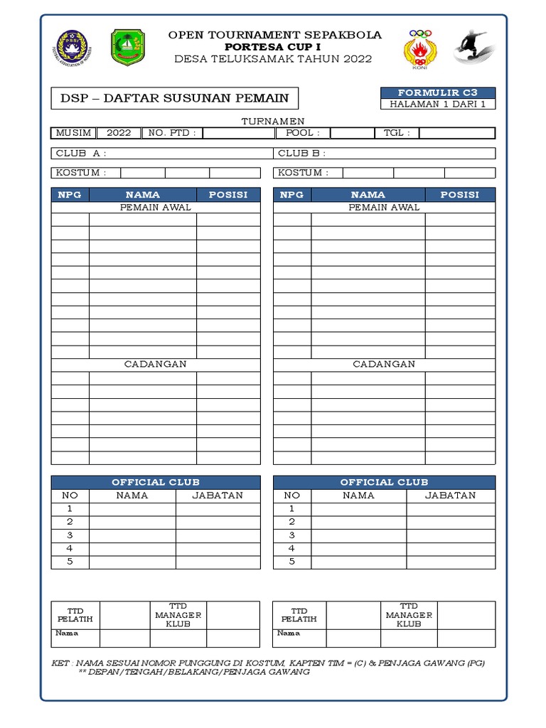 DSP - Daftar Susunan Pemain: Open Tournament Sepakbola | PDF