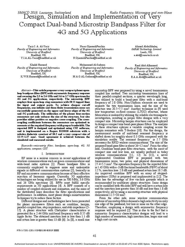 Design, Simulation and Implementation of Very Compact Dual-Band Microstrip Bandpass Filter For ...