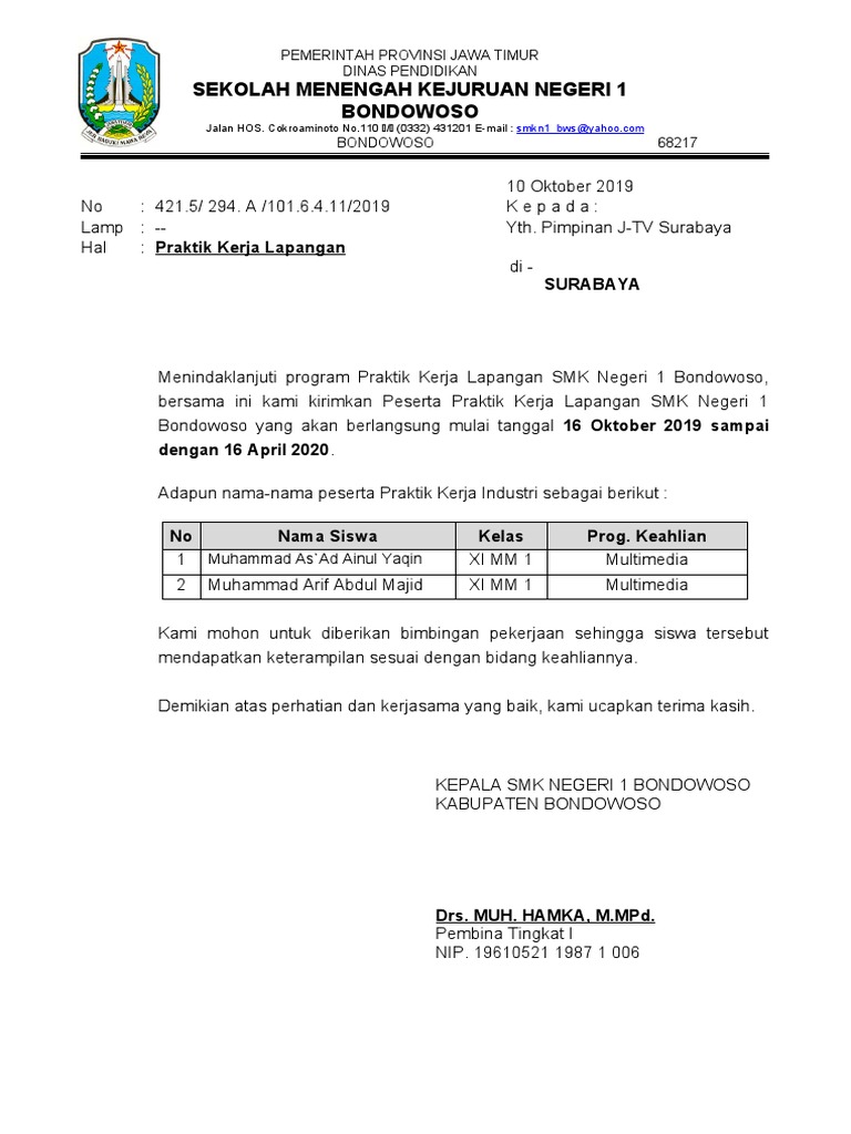 Contoh Surat SMKN 1 Bondowoso | PDF