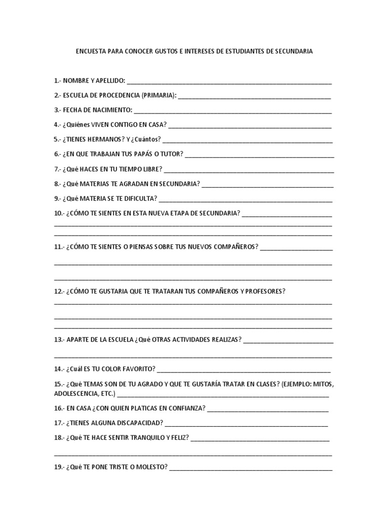 Encuesta para Conocer Gustos e Intereses de Estudiantes de Secundaria | PDF