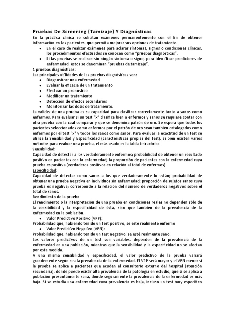 Pruebas de Screening | PDF | Diagnostico medico | Sensibilidad y ...