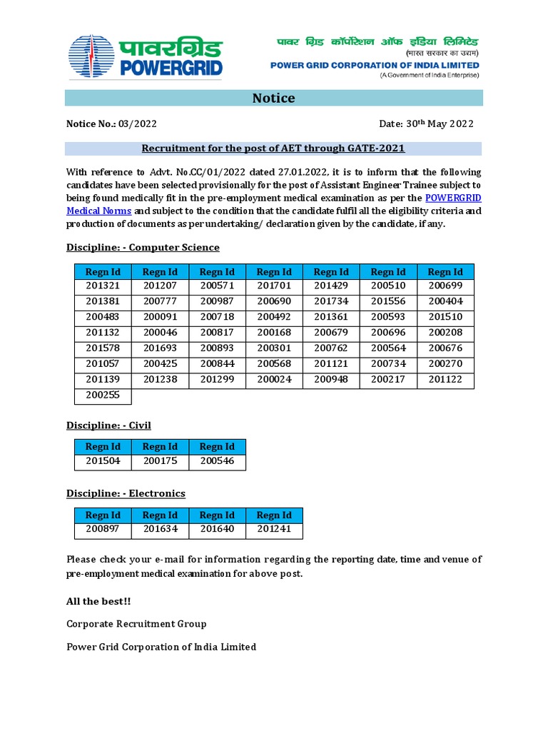 Pre Employment Medical Examination Notice AET | PDF