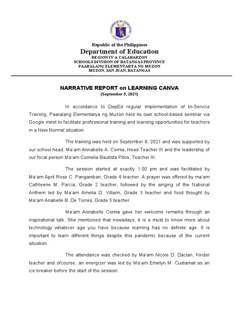 Narrative Report On Inset (Canva) .. | PDF | Teachers | Learning