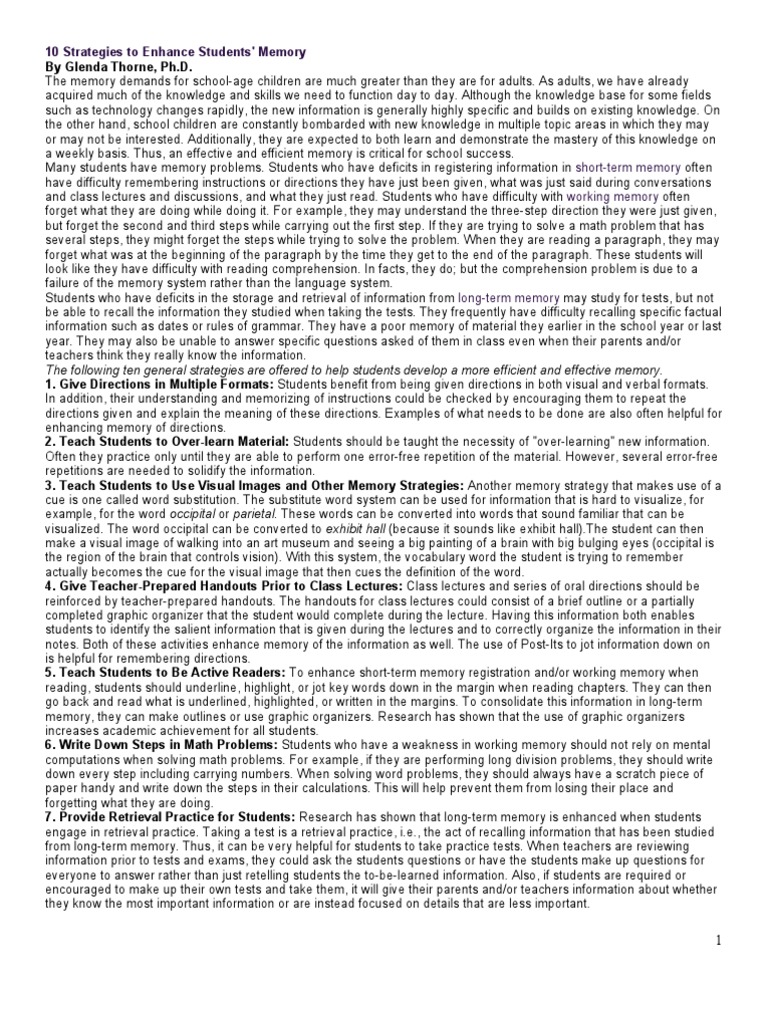 10 Memory Strategies for Students | PDF | Recall (Memory) | Mnemonic