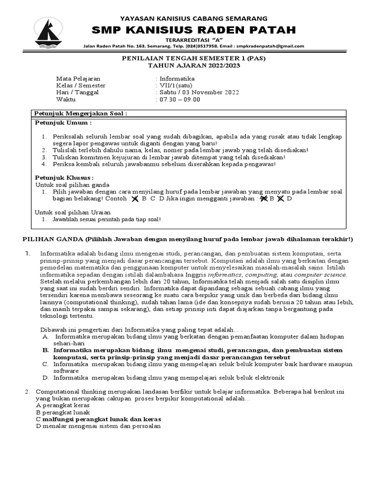 Soal Infor 7 PAS Smt1 2022 Siswa | PDF