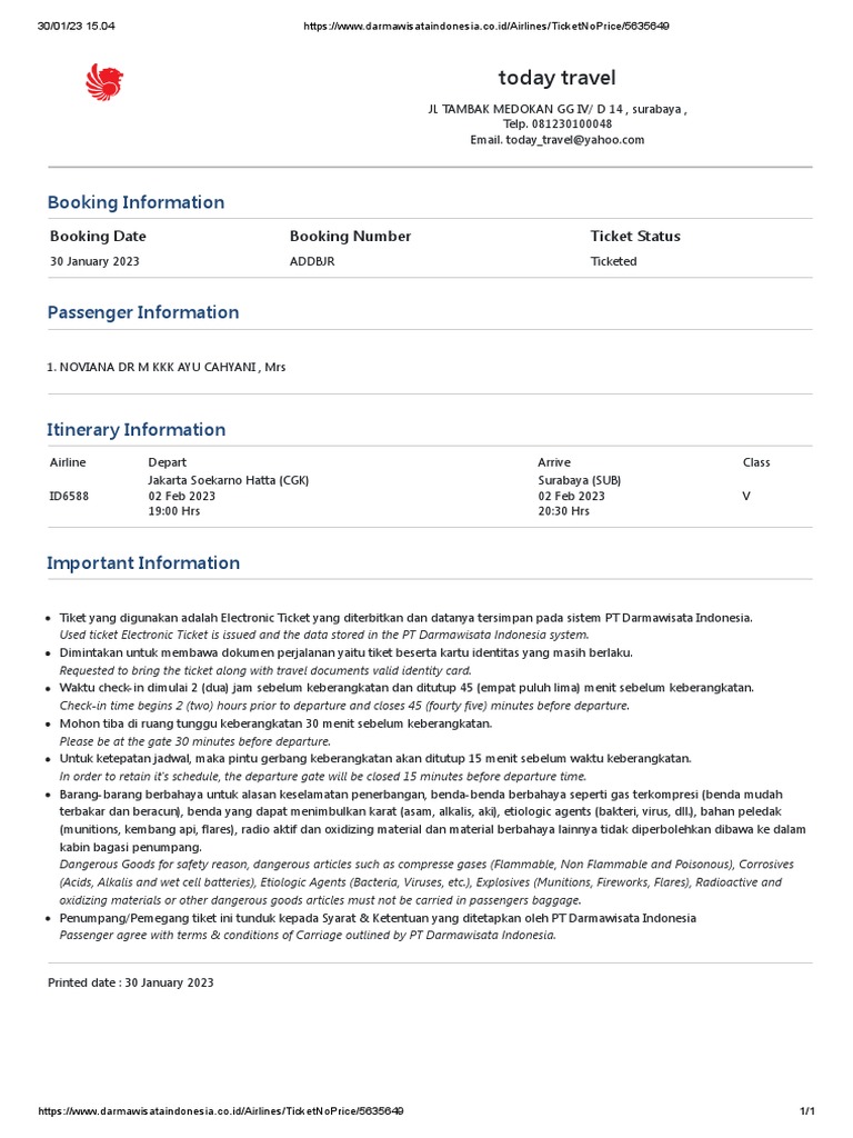 Tiket Cgk-Sub 2 Feb 2023 | PDF