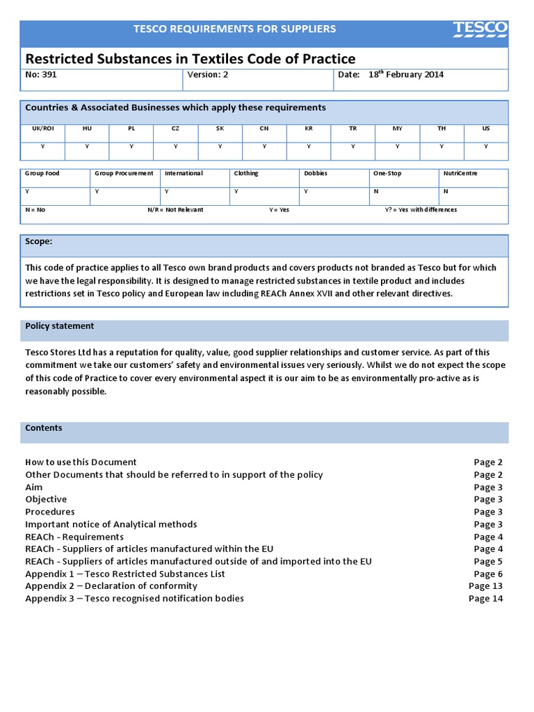 Tesco Restricted Substances Code of Practice | PDF | Polychlorinated ...