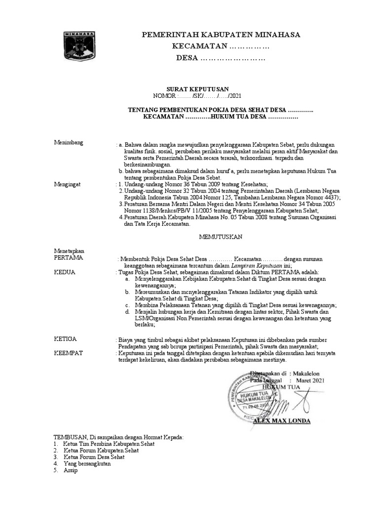 Contoh SK Forum Kecamatan Sehat Dan Pokja Desa Sehat | PDF