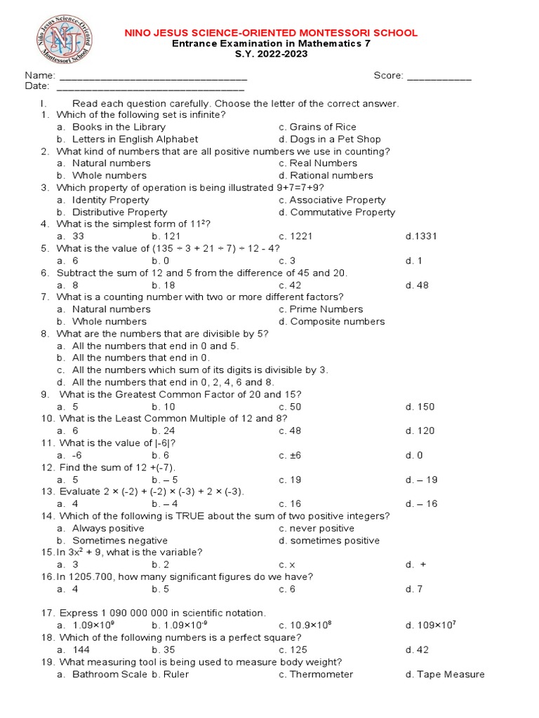 Diagnostic Test Math 7 | PDF | Triangle | Rectangle