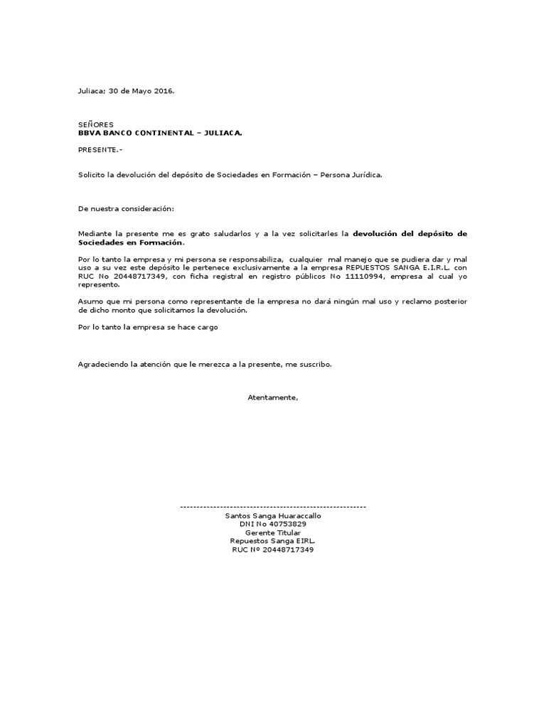 Devolución Depósito Sociedades Juliaca | PDF
