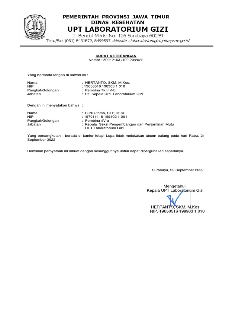 Surat Ijin Lupa Absen Pulang 21 September | PDF