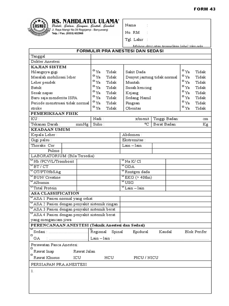 Form.43 Asesmen Pra Anestesi Dan Sedasi (Rev 2) | PDF