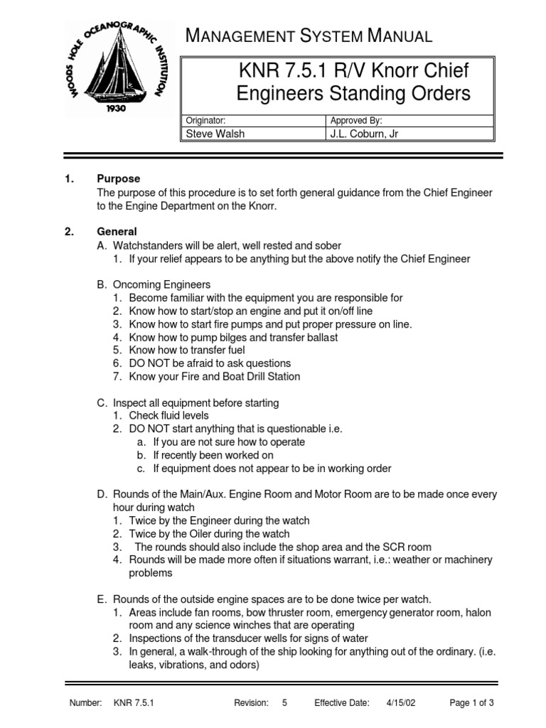 KNR 07.5.1 Chief Engineers Standing Orders | Download Free PDF | Ships | Shipping
