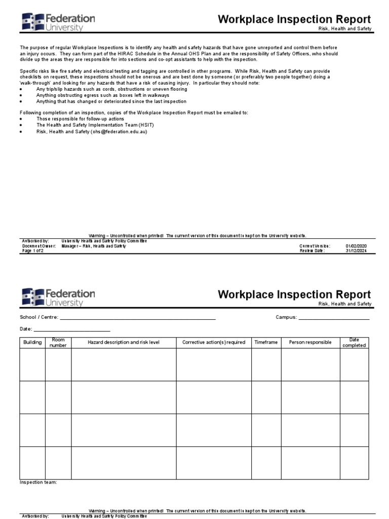 Workplace Inspection Report | PDF | Occupational Safety And Health | Risk
