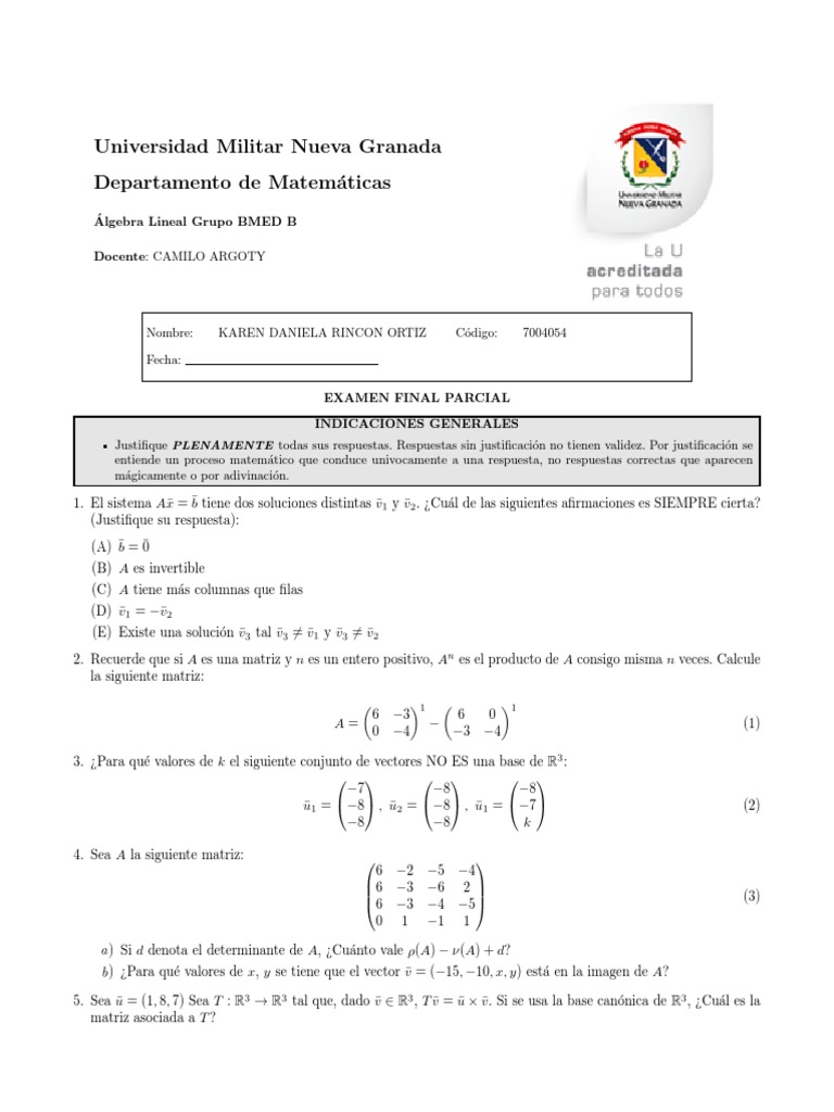 PARCIAL ÁLGEBRA - Merged | PDF | Matriz (Matemáticas) | Entero
