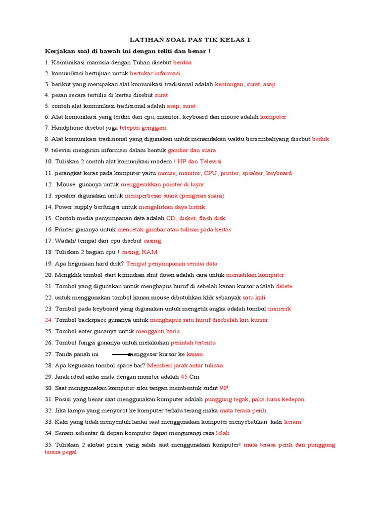 Jawaban LATIHAN SOAL PAS TIK 1 | PDF