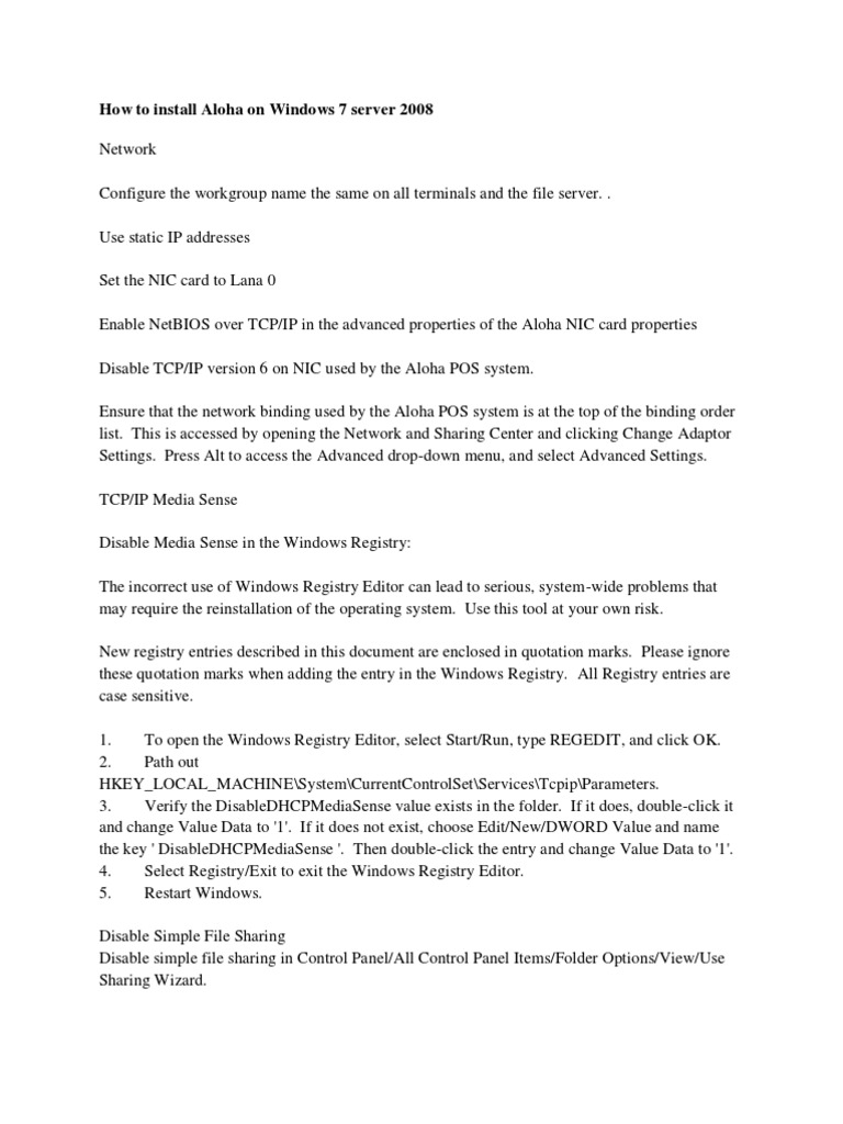 How To Install Aloha On Windows 7 Server 2008 | PDF | Windows Registry ...