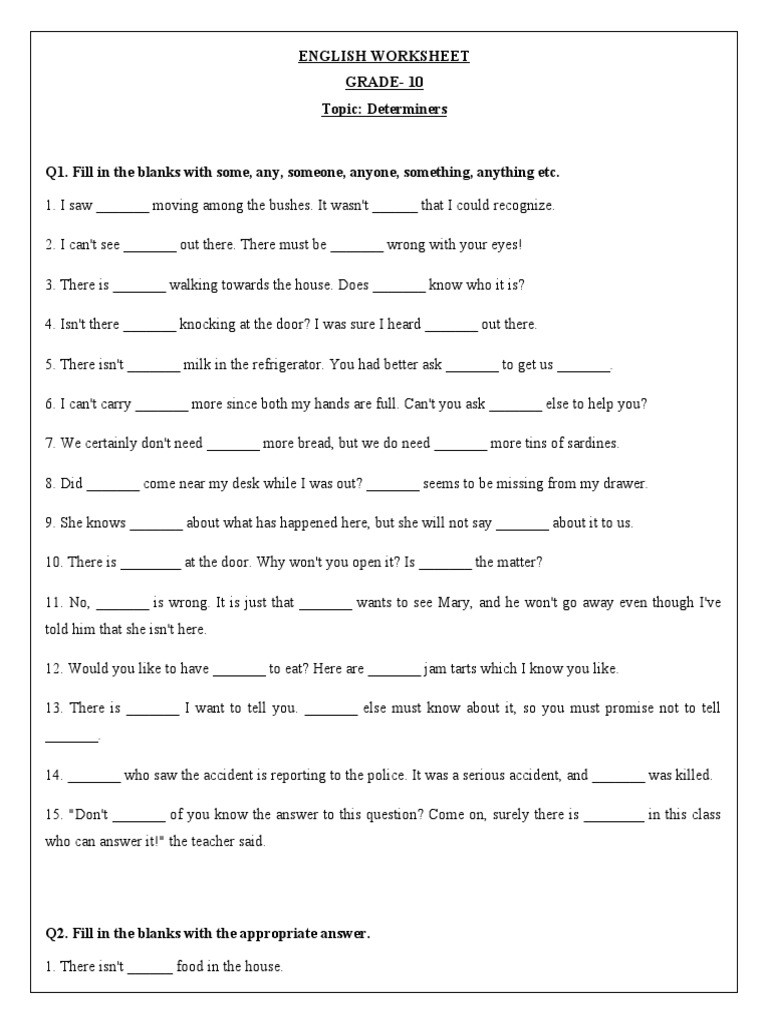 Class 10 Determiners Worksheet | PDF