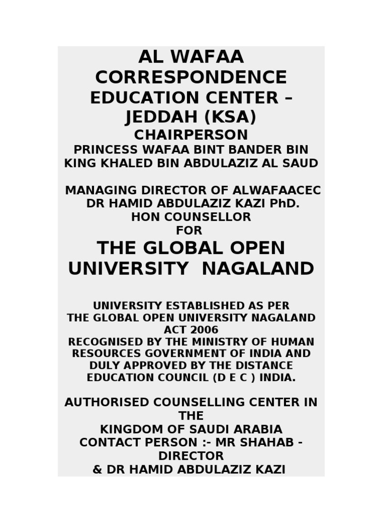 Al Wafaa Correspondence: Education Center – Jeddah (Ksa)