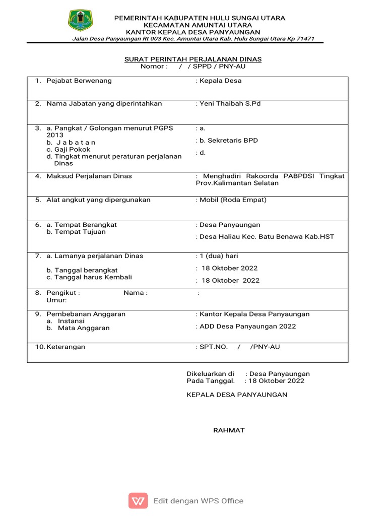 SPPD Desa Panyaungan ke Rakoorda Kalsel | PDF