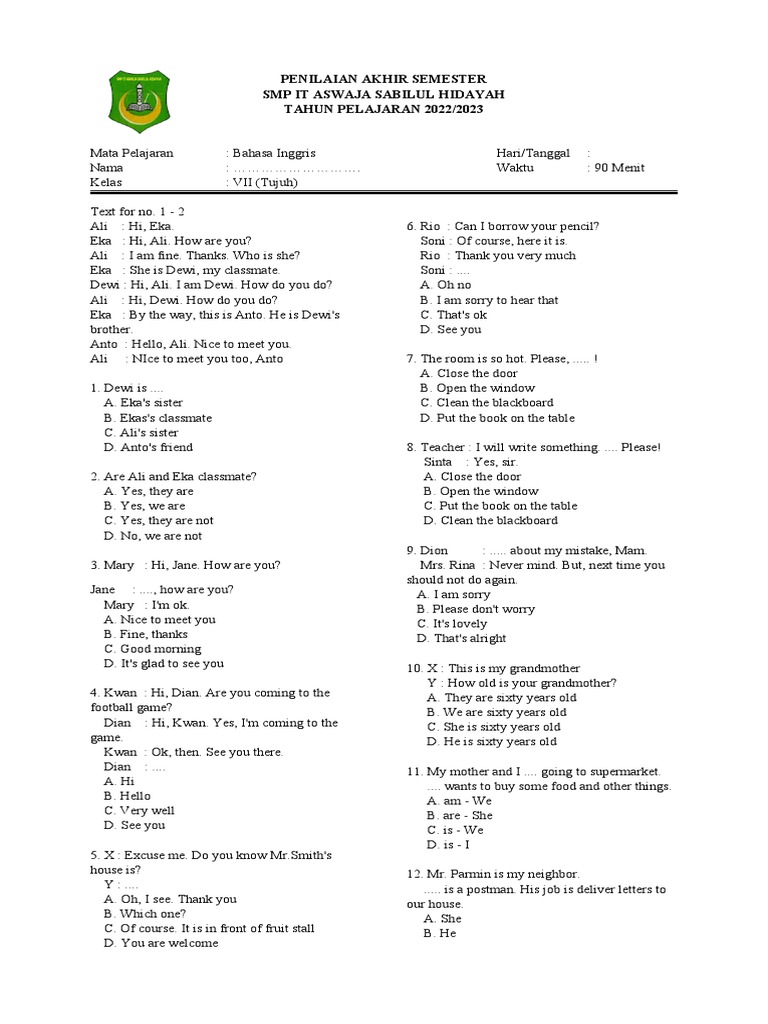 Pas Bing Kelas 7 | PDF | Language Arts & Discipline