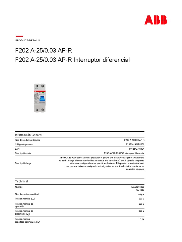F202 A-25/0.03 AP-R Interruptor Diferencial | PDF | Ciencia de los Materiales | Metrología