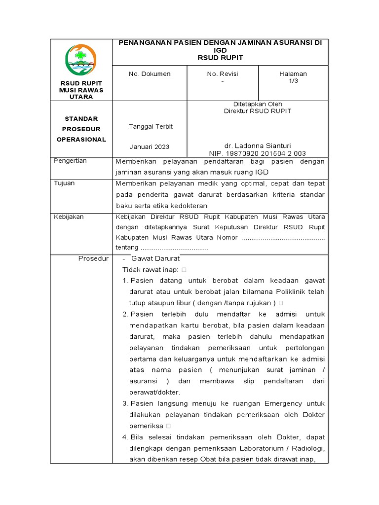 SOP Penanganan Pasien Jaminan IGD | PDF