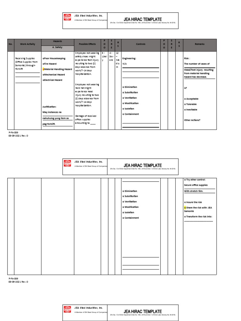 Copy Of Jea Hirac Template Pdf Hazards Business