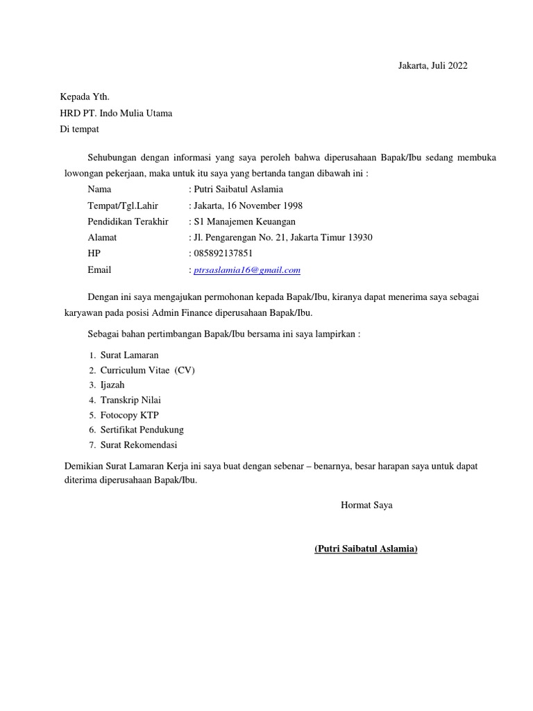 Surat Lamaran Putri - PT. Indo Mulia Utama | PDF | Karier ...