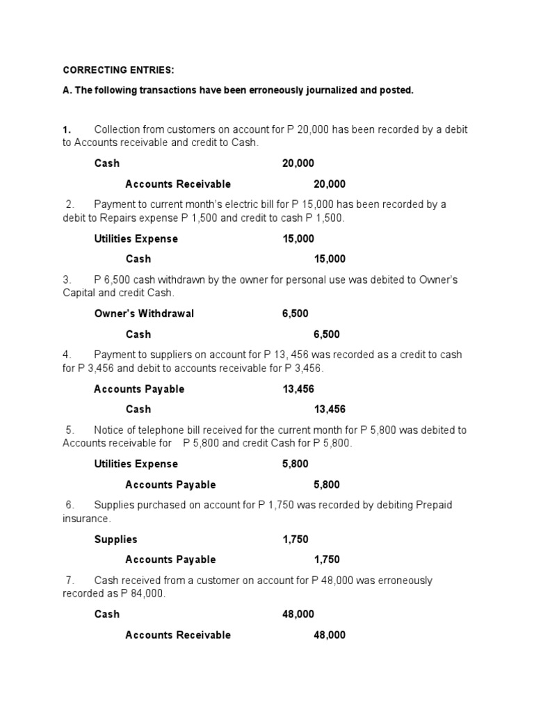 Correct Erroneous Journal Entries | PDF | Debits And Credits | Business ...