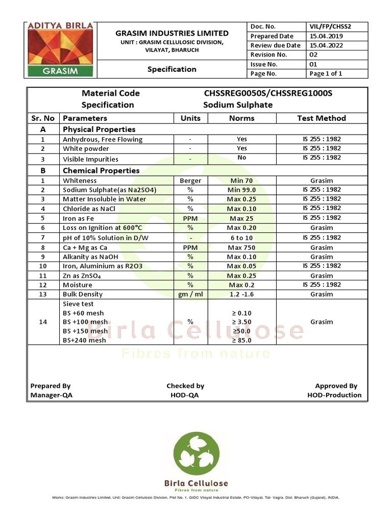 Sodium Sulfate Specification Sheet | PDF | Sodium Chloride | Chemical ...