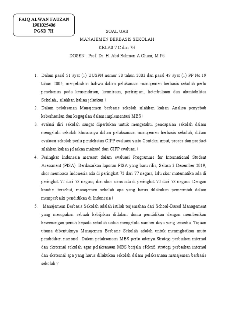 SOAL UAS MBS 7 C Dan H | PDF | Bisnis