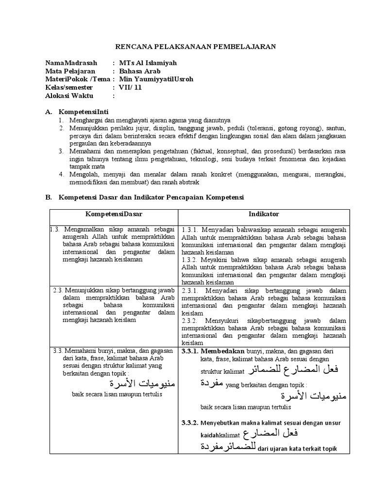 RPP Bahasa Arab Kelas 7 MTs K13 Materi Yaumiyatul Usroh | PDF | Seni & Disiplin Bahasa