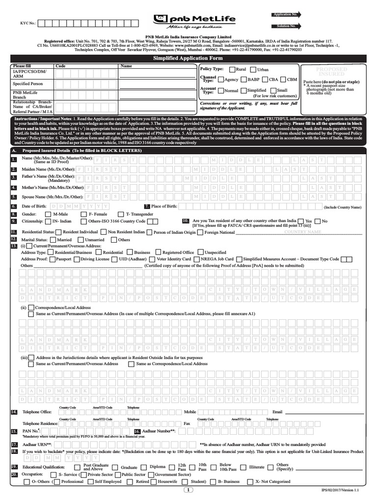 PNB MetLife Simplified Application Form | PDF | Identity Document ...