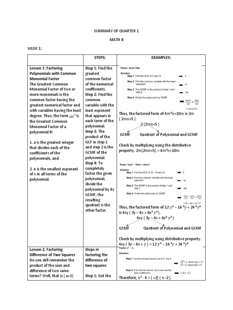 Summary of Quarter 1 | Download Free PDF | Equations | Factorization