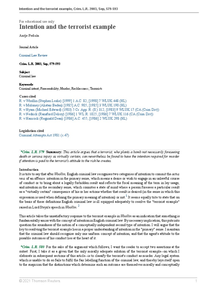 Intention and The Terrorist Example | PDF | Intention | Mens Rea