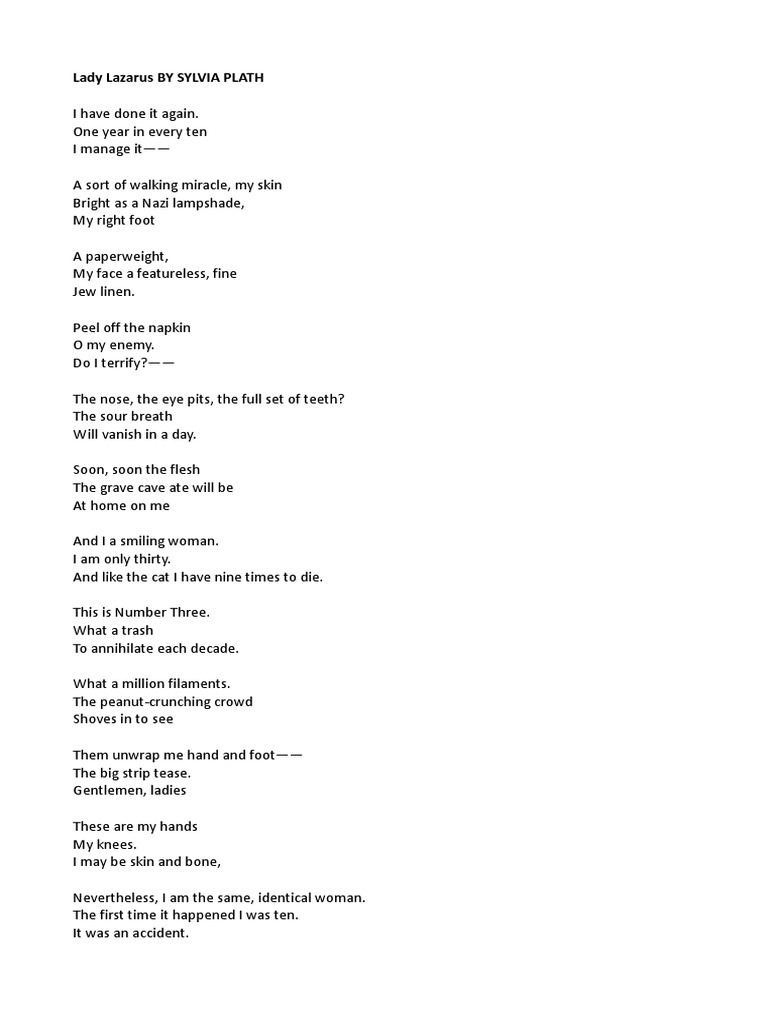 Lady Lazarus by Sylvia Plath and Daddy | PDF