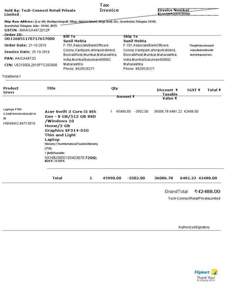 Acer Laptop Invoice Details | PDF | Personal Computers