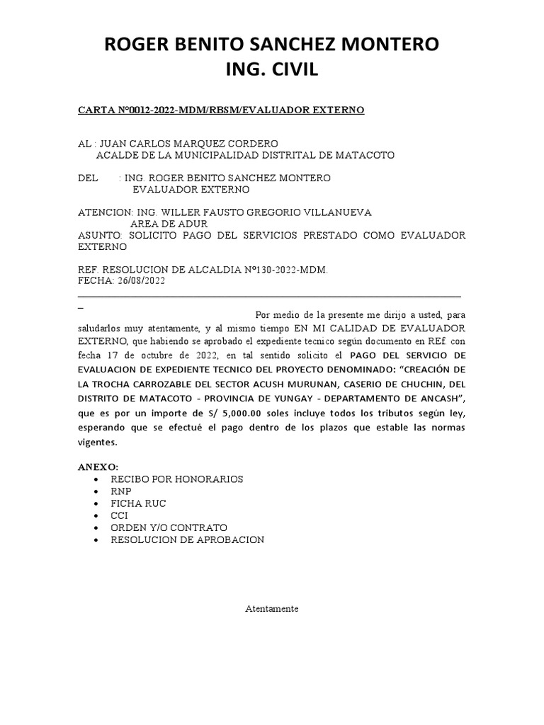 CARTA N.001-Solicitud de Pago 2022 - ROGER BENITO SANCHEZ MONTERO | PDF ...