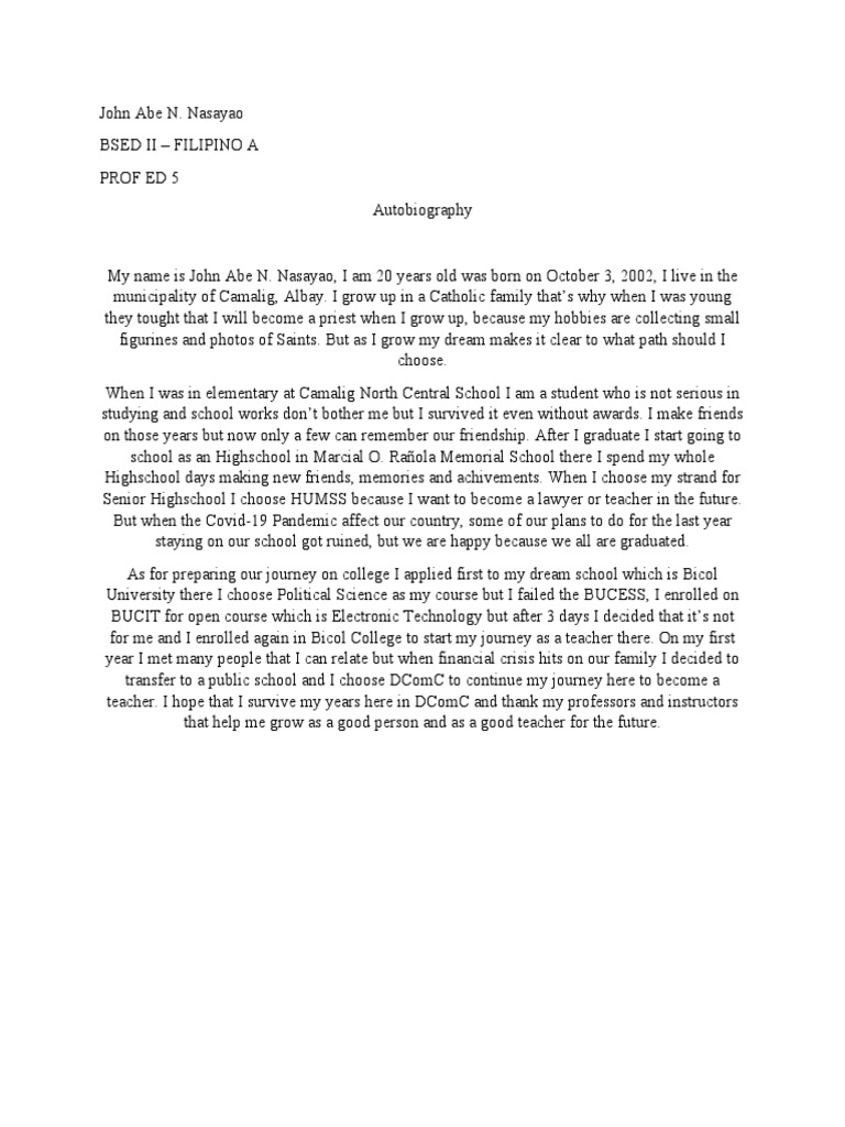 JOHN ABE N. NASAYAO BSED II - FILIPINO A Autobiography | PDF