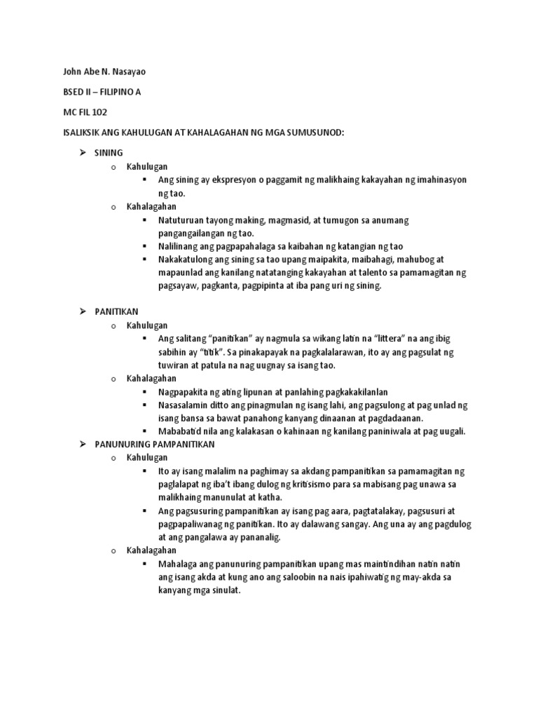 Kahulugan at Kahalagahan NG Sining, Panitikan at Panunuring ...