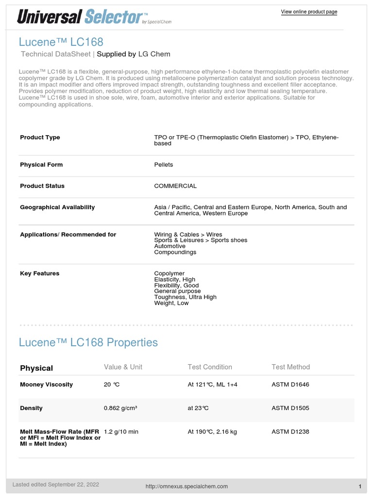 Lucene™ LC168 - LG Chem | PDF | Thermoplastic | Organic Polymers